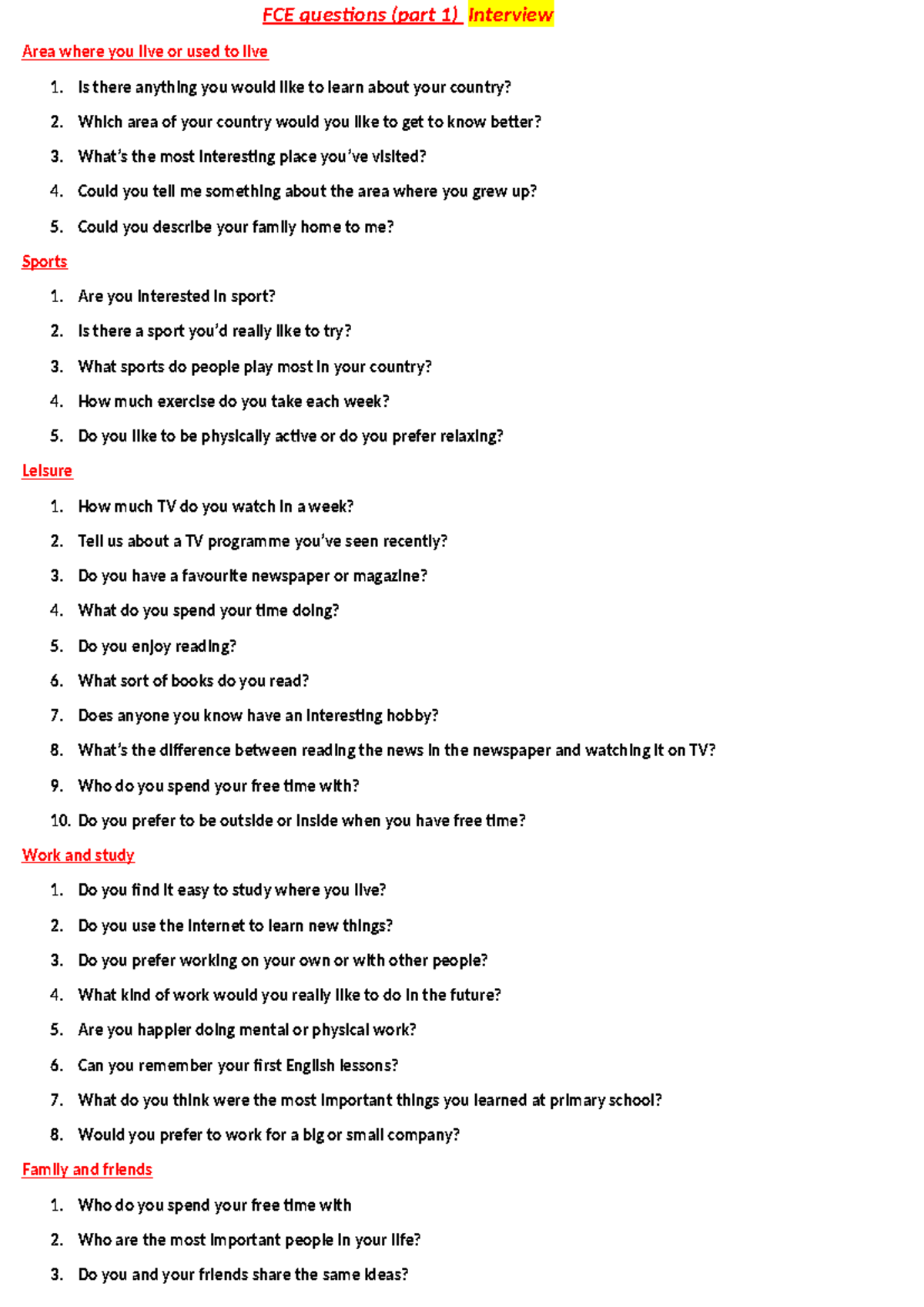 fce possible exams questions for speaking exam part 1 - FCE questions ...