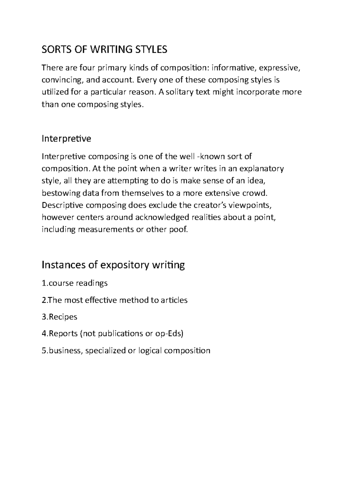 Sorts of writing styles - SORTS OF WRITING STYLES There are four ...