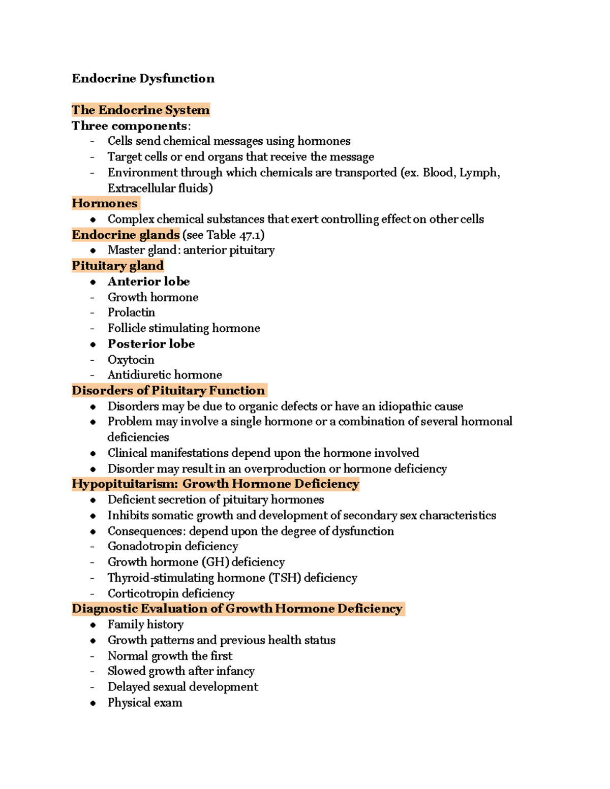 NURS 345 Ch. 47 - Pediatric notes - Endocrine Dysfunction The Endocrine ...