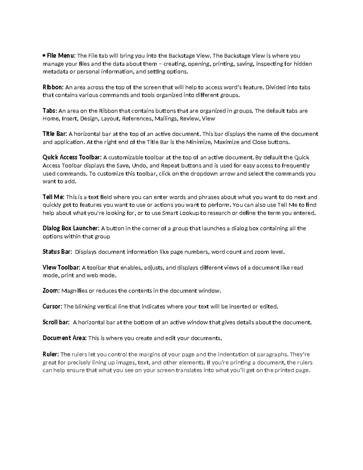 Microsoft Word Parts and Function - File Menu: The File tab will bring ...