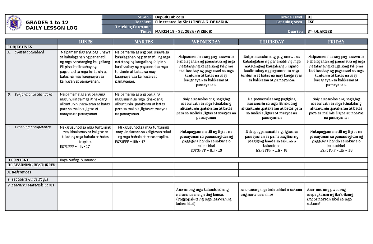 DLL ESP 3 Q3 W8 - The - GRADES 1 to 12 DAILY LESSON LOG School ...