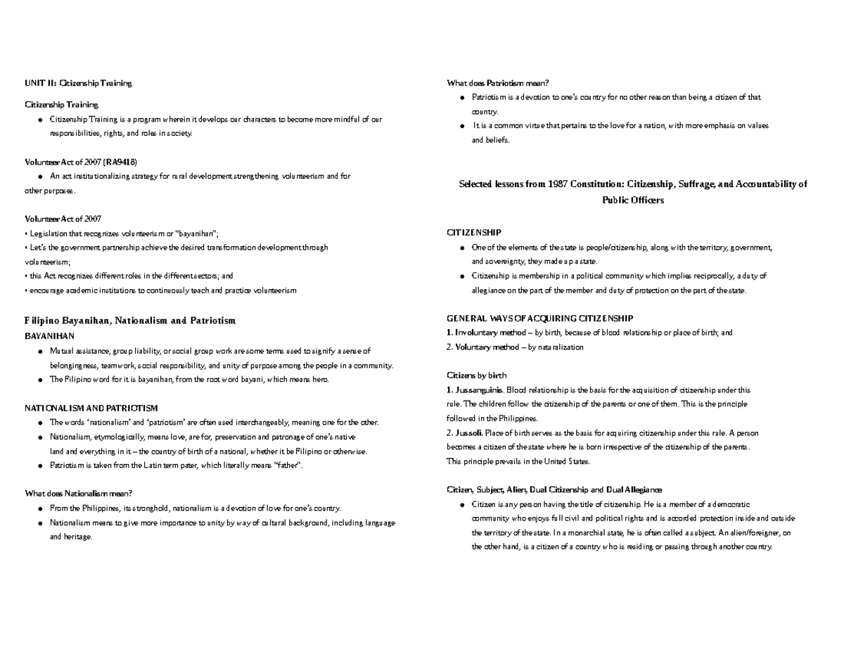 UNIT II Citizenship Training - UNIT II: Citizenship Training ...