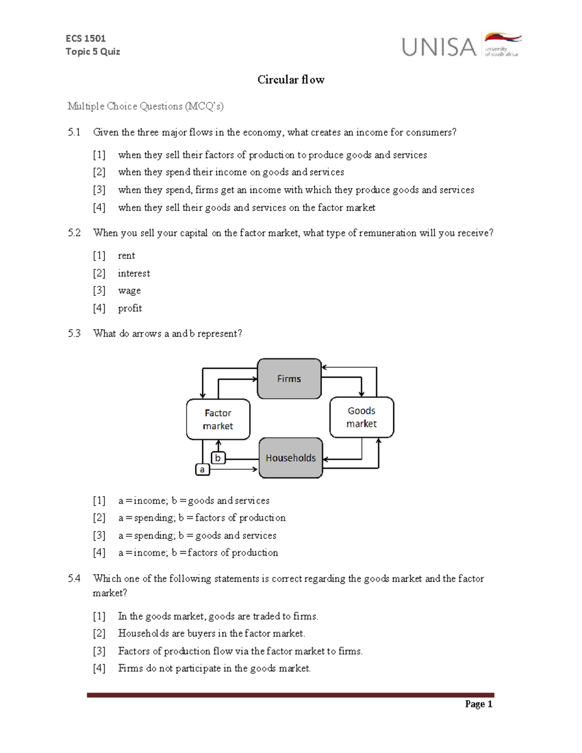 Quiz topic 5 - quiz - ECS Topic 5 Quiz Page 1 Circular flow Multiple ...