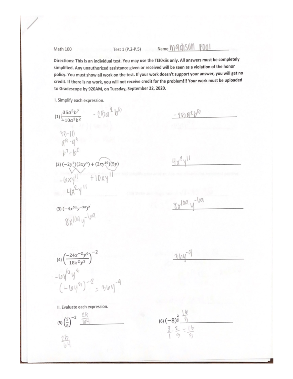 Math 100 - Math - Math 100 Test 1 Name madison POOL Directions: This is ...