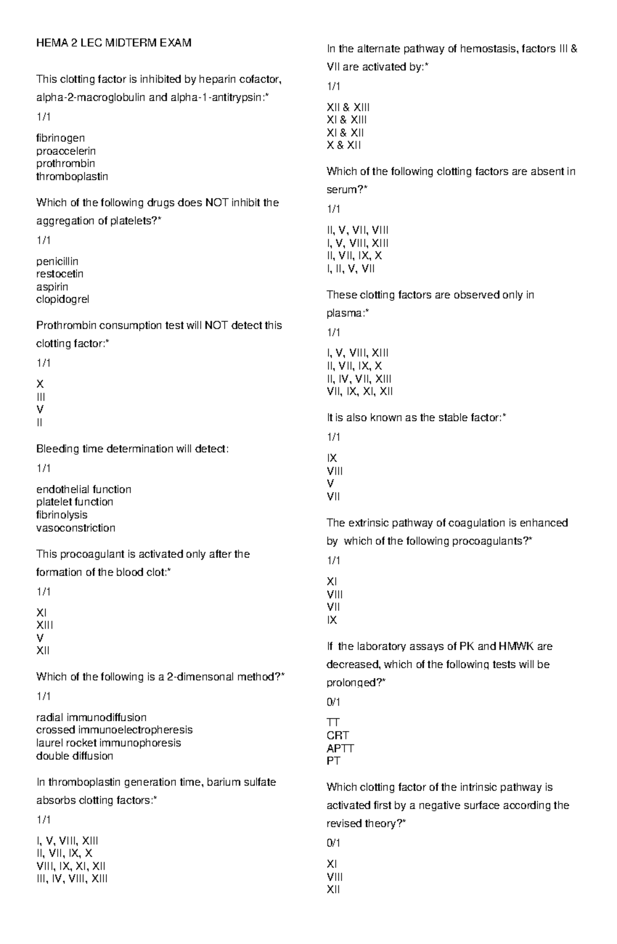 HEMA 2 LEC Midterm EXAM blank - HEMA 2 LEC MIDTERM EXAM This clotting ...