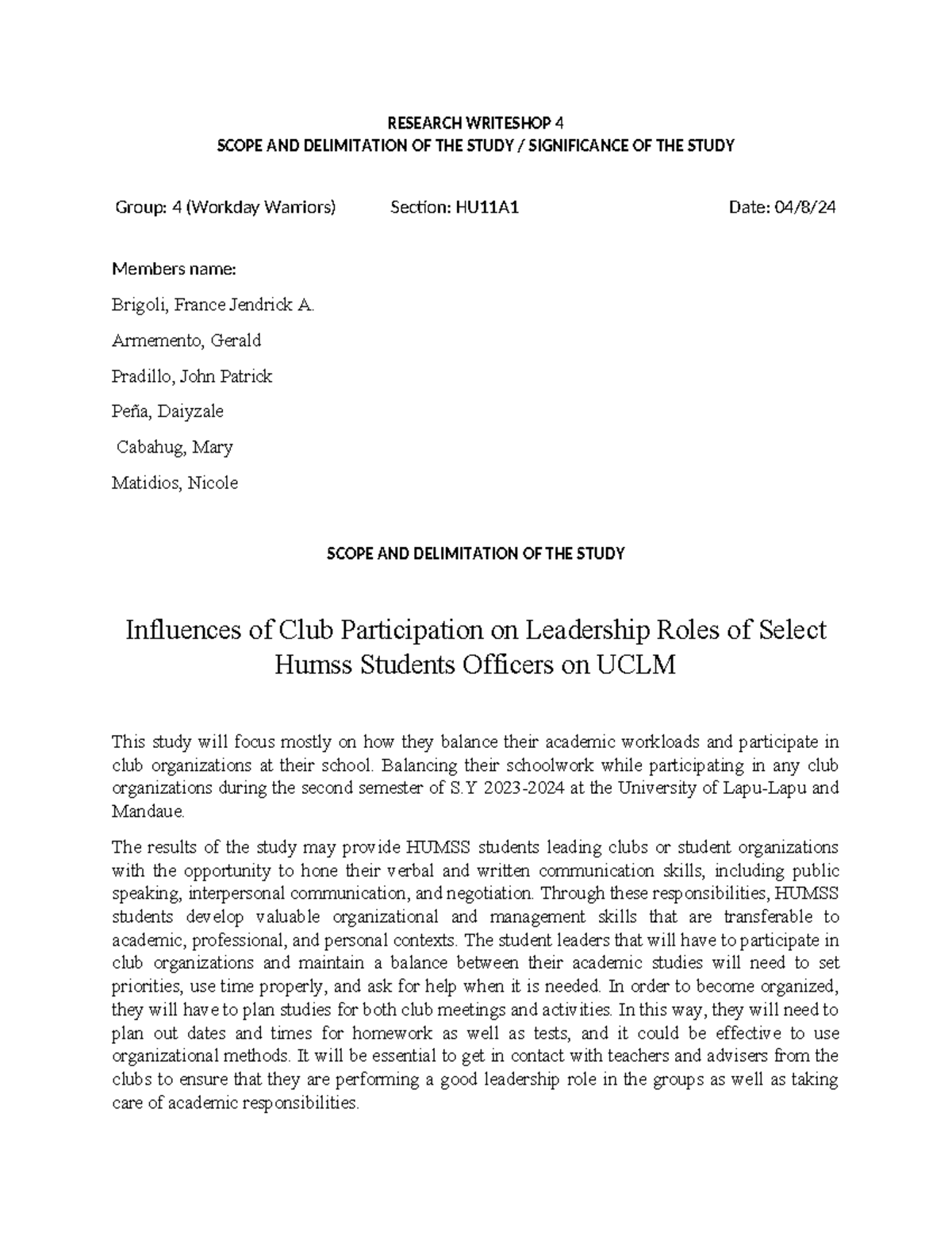 Research Writeshop 4 Scope AND Delimitation OF THE Study - RESEARCH ...