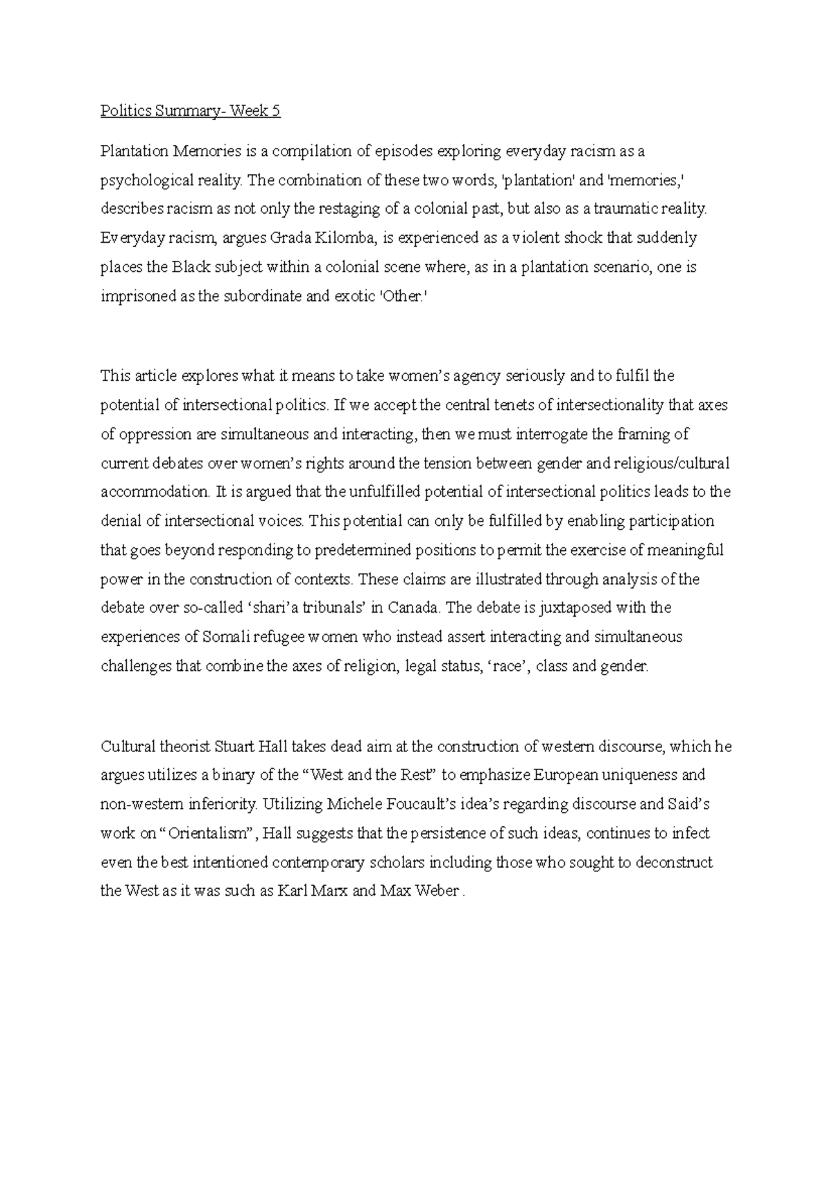 Politics Summary week 5 TUTORIAL - Politics Summary- Week 5 Plantation ...