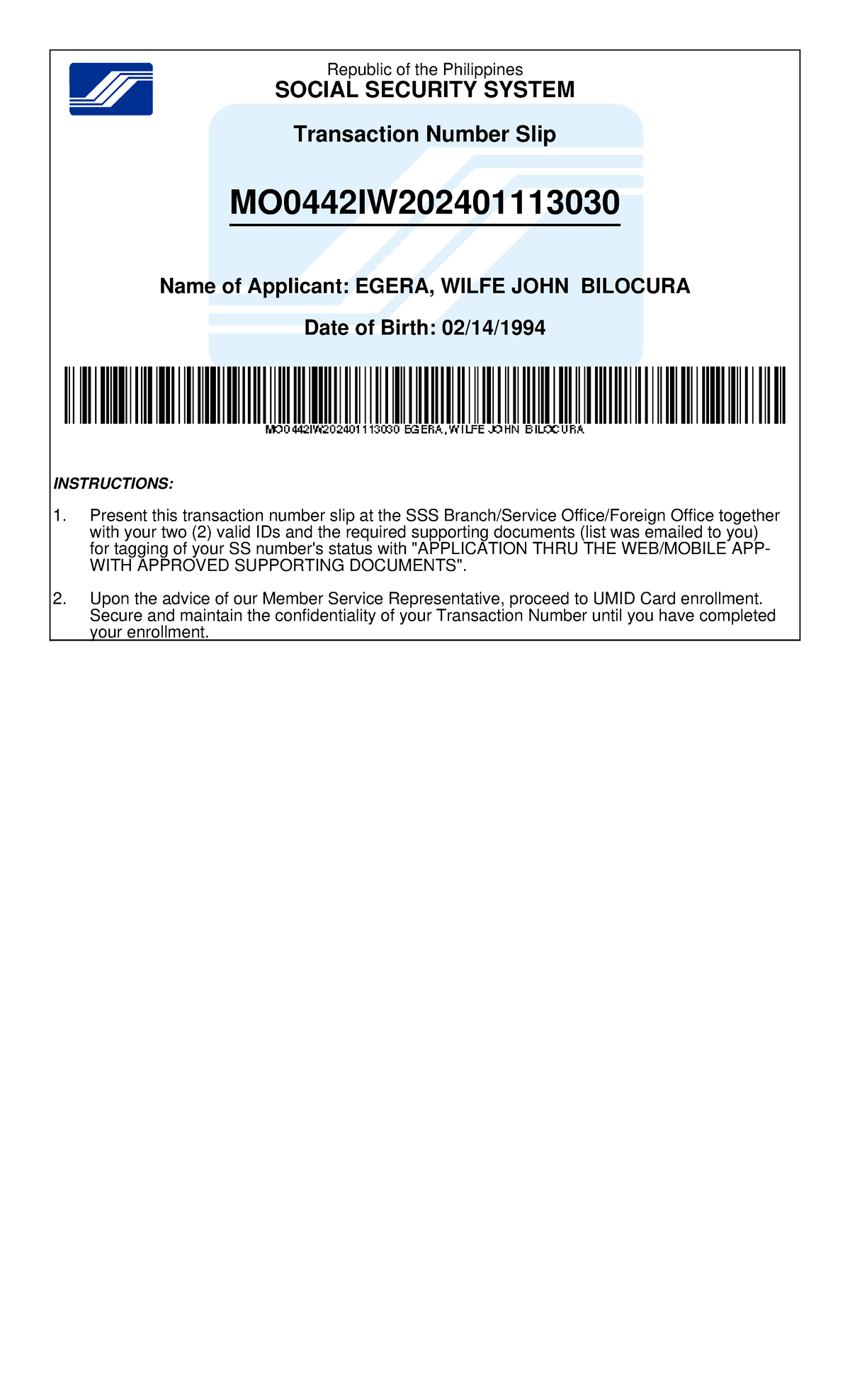 John SSS number - Republic of the Philippines SOCIAL SECURITY SYSTEM ...