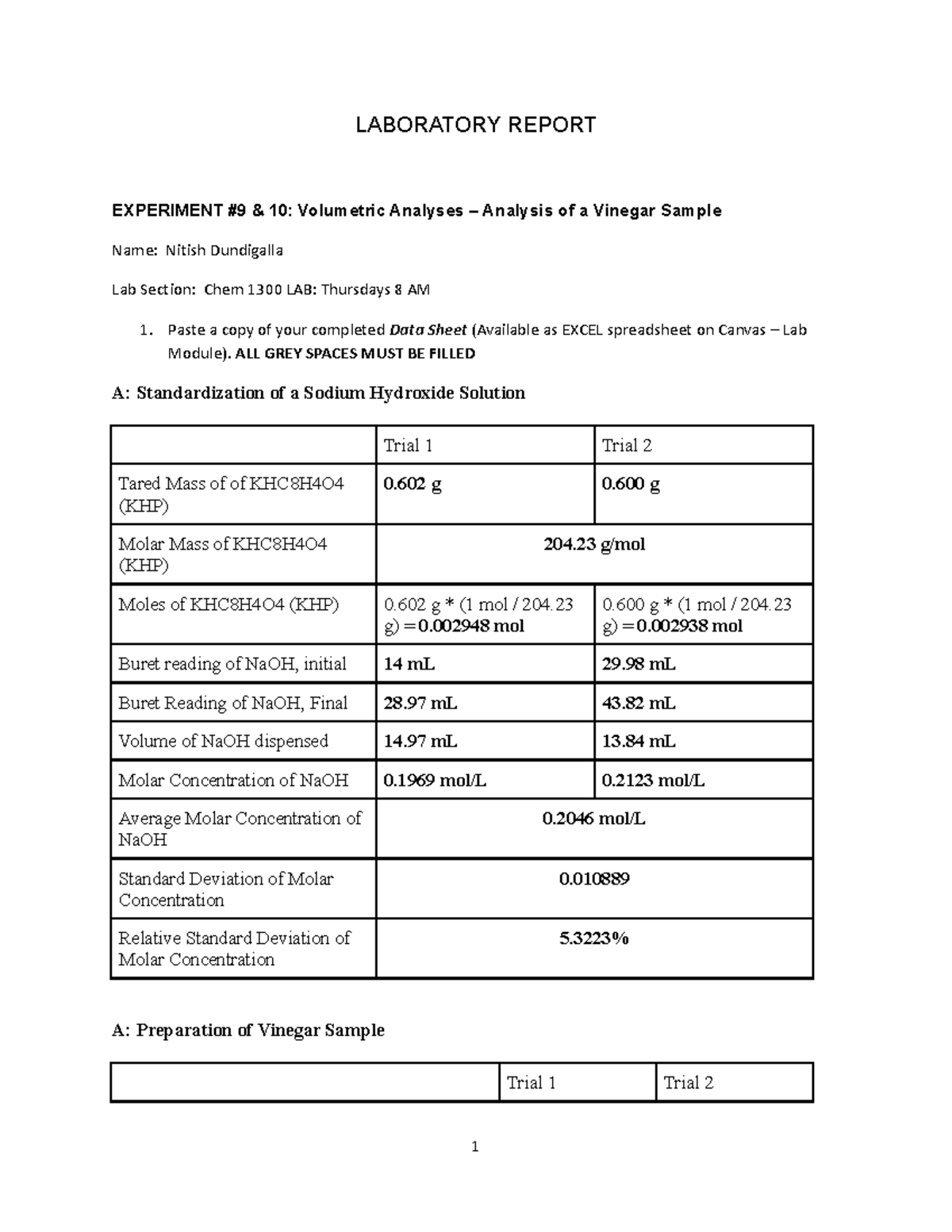 Experiment #9 10 - Volumetric Analyses - Report Template - LABORATORY ...