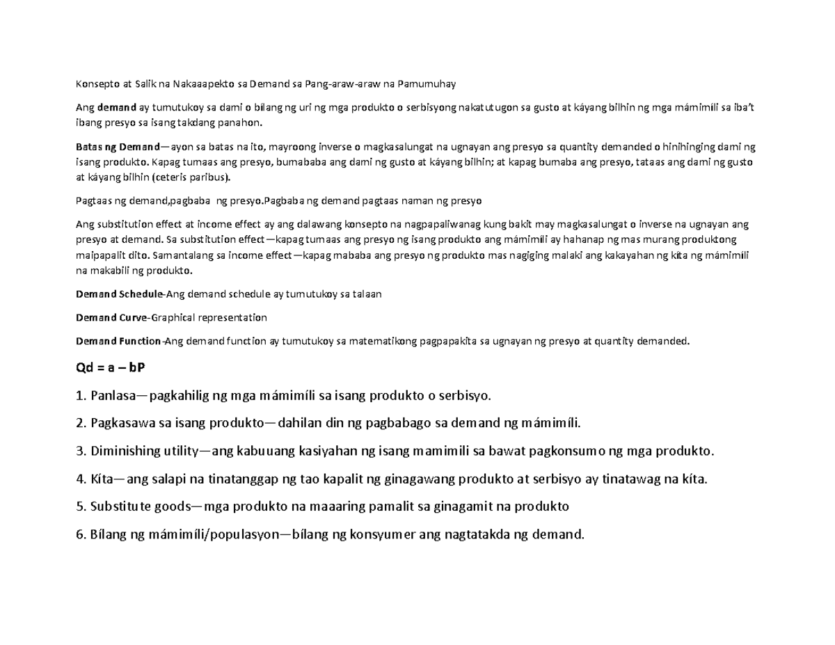 Konsepto at Salik na Nakaaapekto sa Demand sa Pang - Batas ng Demand ...