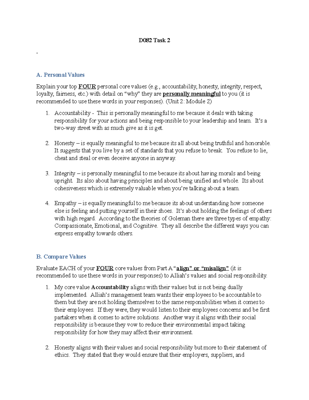 D082 Task 2 - Task 2 passed - D082 Task 2 . A. Personal Values Explain ...