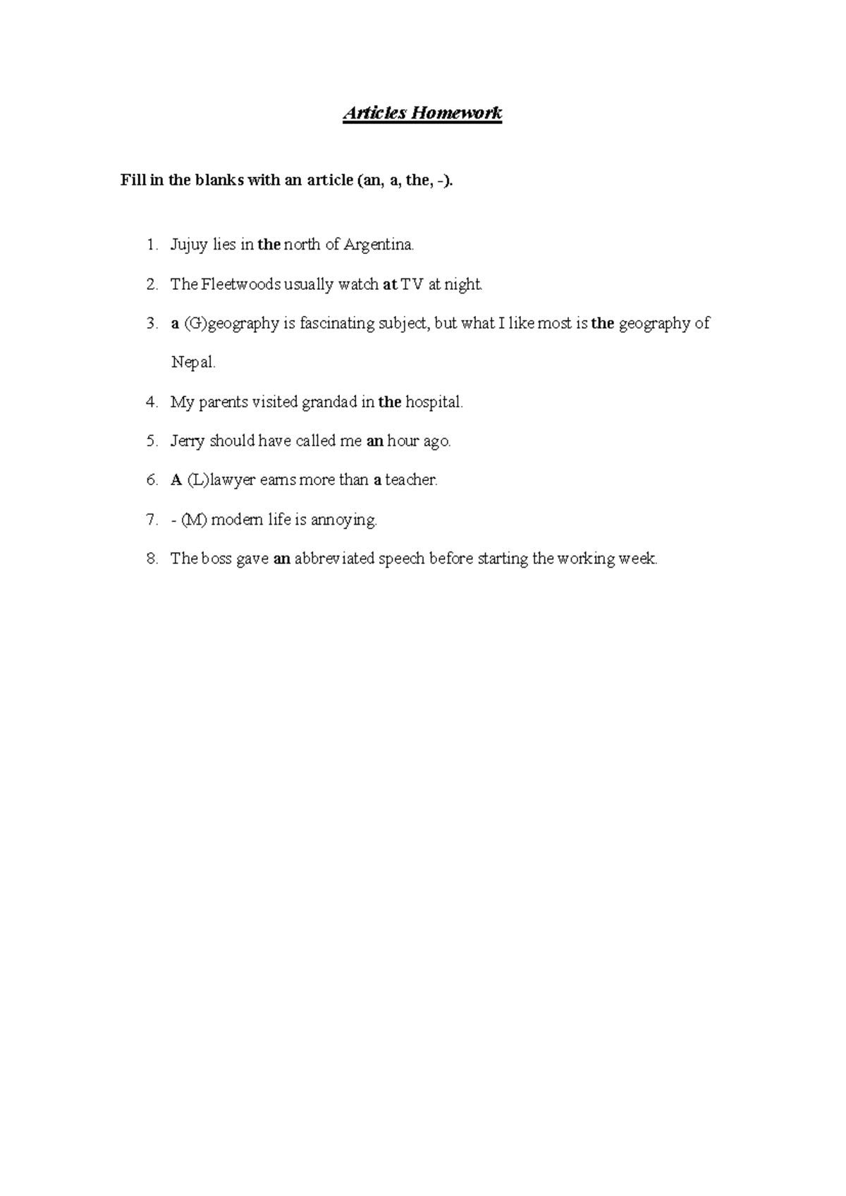 Articles Homework Int 2 - Articles Homework Fill in the blanks with an ...