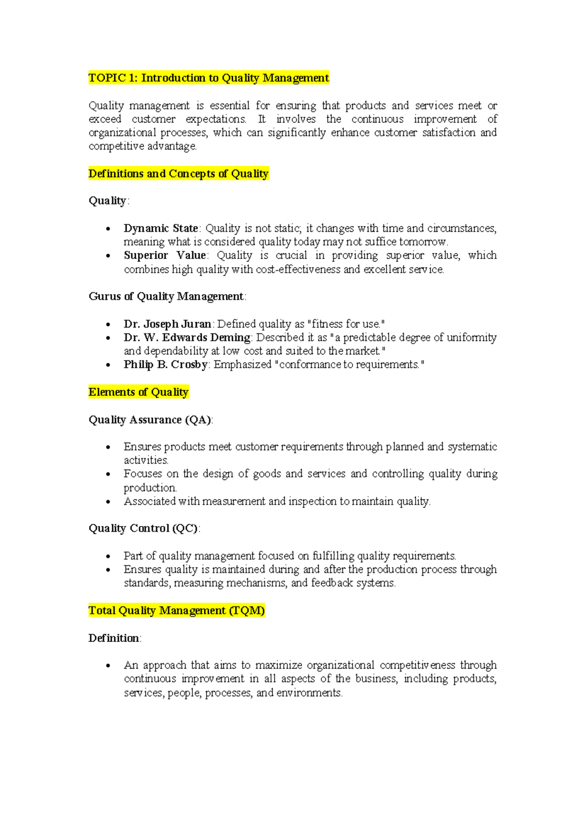 Revision ADS409 - TOPIC 1: Introduction to Quality Management Quality ...