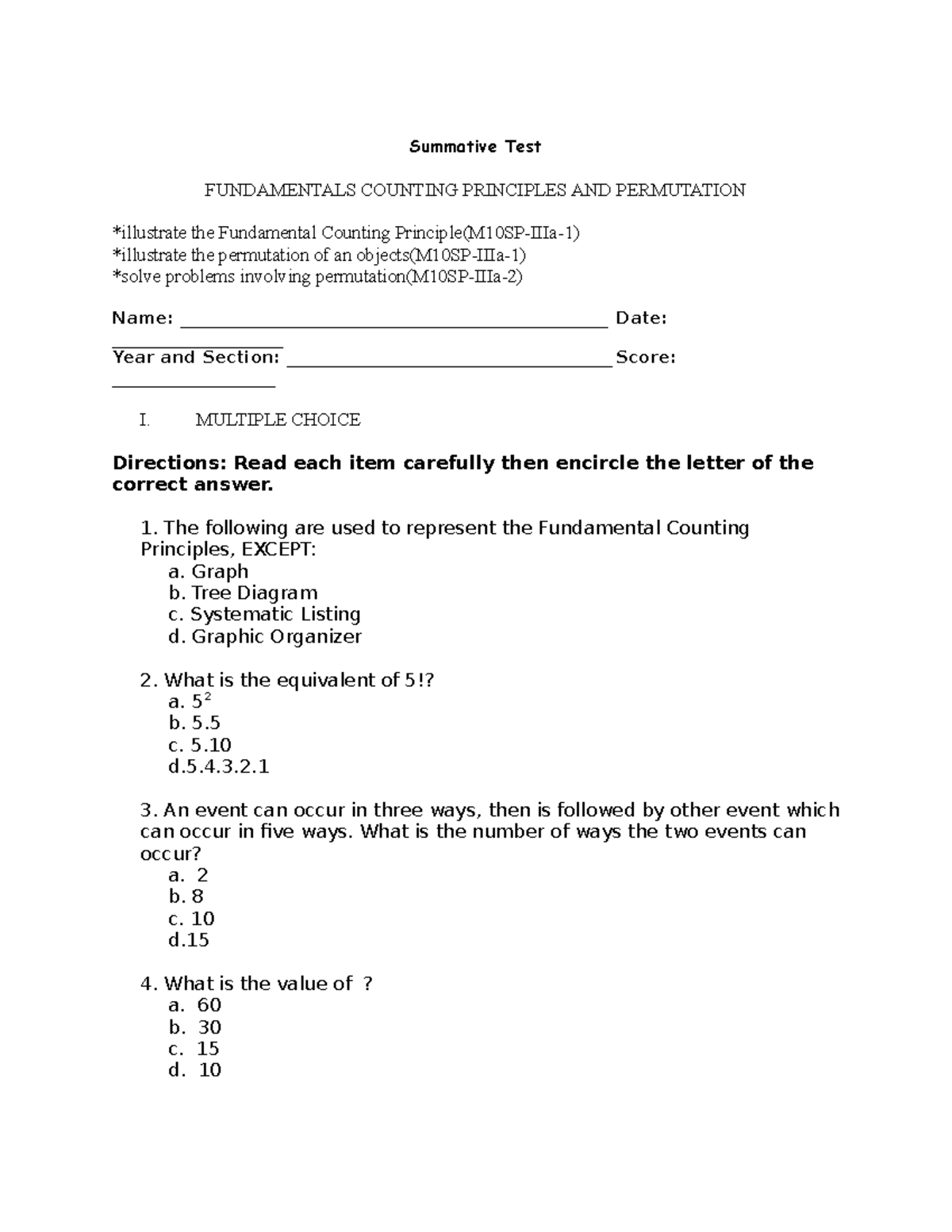 ST # 1 - activity worksheet - Summative Test FUNDAMENTALS COUNTING ...