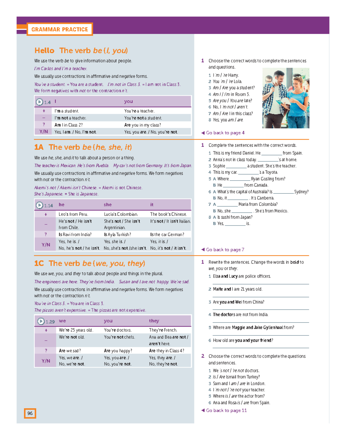 Grammar Practice - 96 GRAMMAR PRACTICE Hello The verb be (I, you) We ...