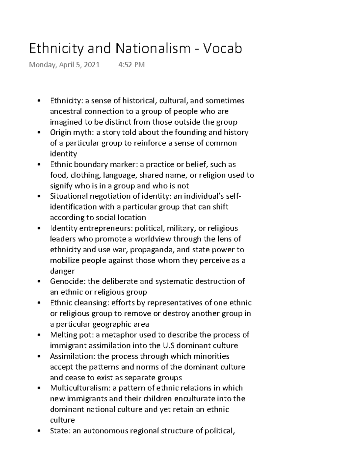 Ethnicity and Nationalism - Vocab - Ethnicity: a sense of historical ...