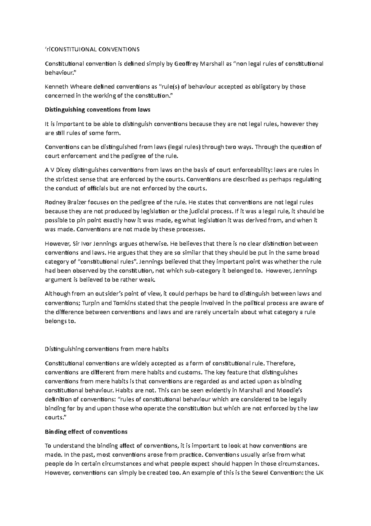 Conventions revision notes public law - ‘riCONSTITUIONAL CONVENTIONS ...