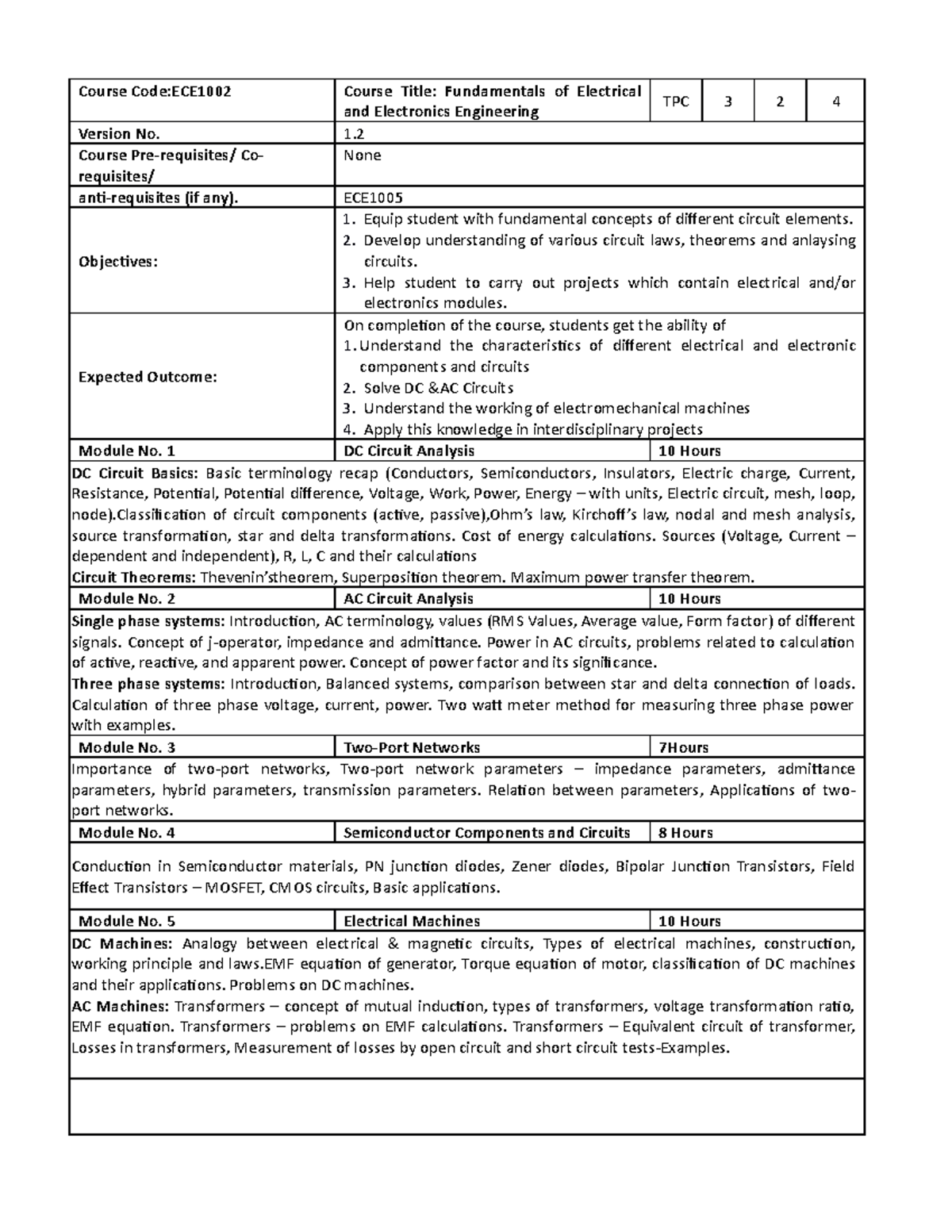 ECE1002 Fundamentals-OF- Electrical-AND- Electronics- Engineering ETH 1 - Course Code:ECE1002 ...
