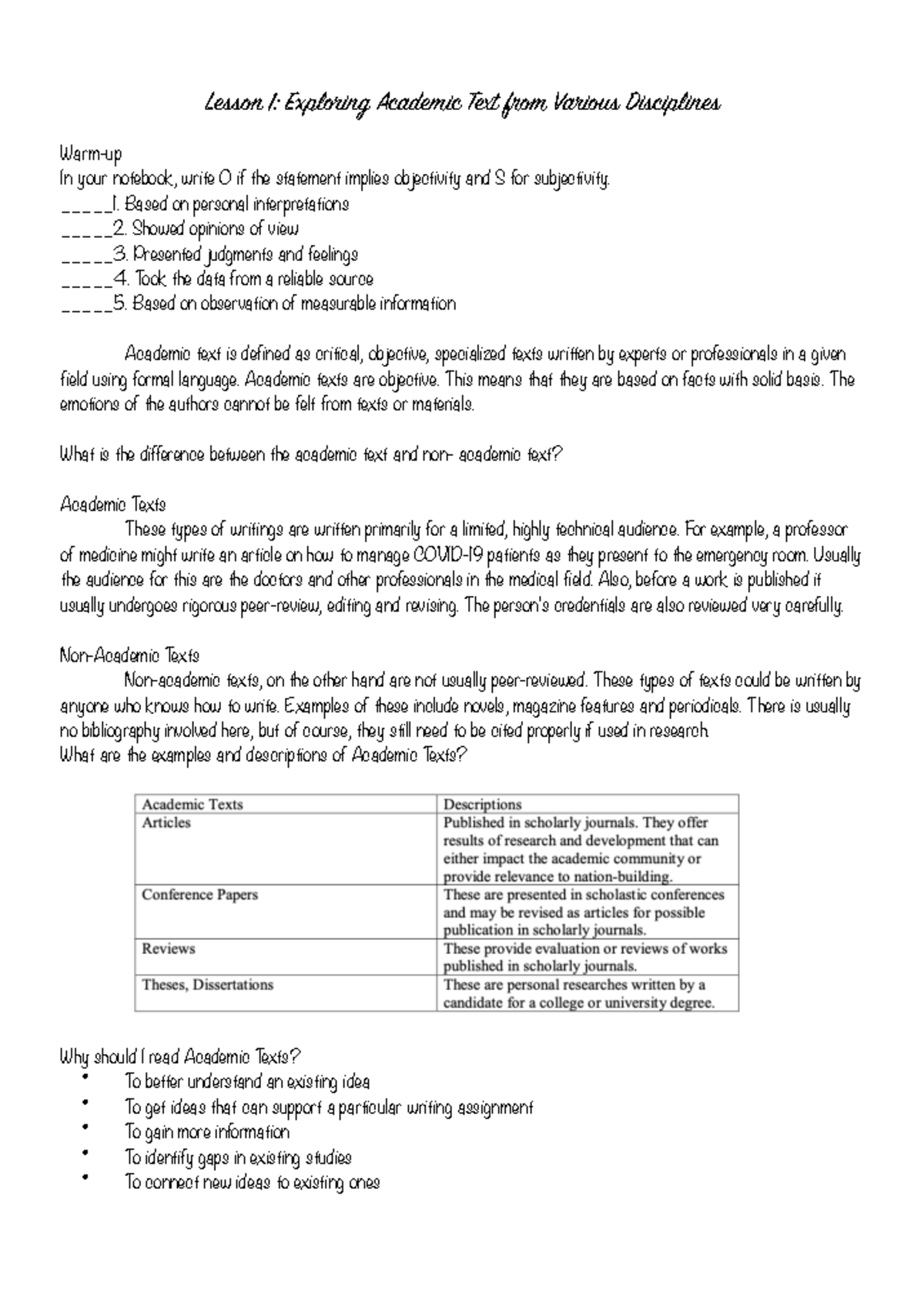 EAPP notes - Lesson 1: Exploring Academic Text from Various Disciplines ...