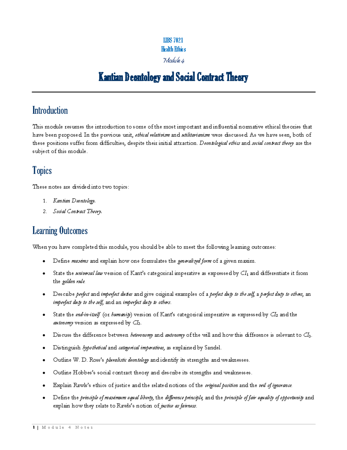 Module 4 Notes - LIBS 7021 Health Ethics Module 4 Kantian Deontology ...