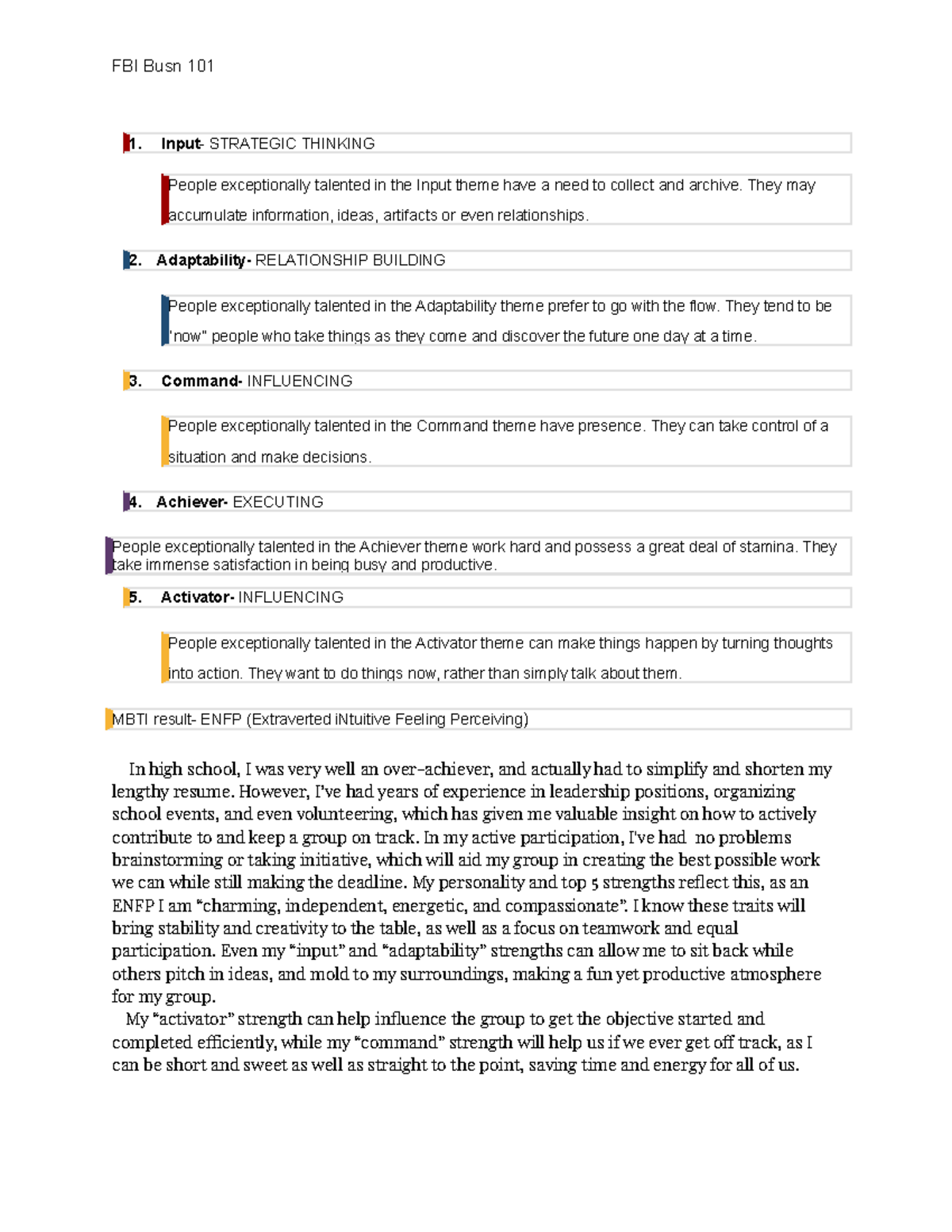 FBI Clifton Strengths BUSN 101 Assignment - FBI Busn 101 Input ...