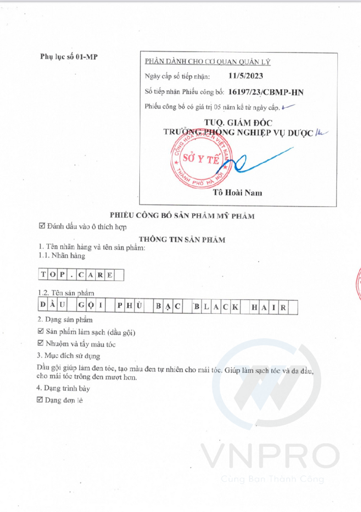 CÔNG BỐ MỸ PHẨM DGPB - Phy luc só PHAN DANH CHO CO QUAN QUANLY Ngay cap ...