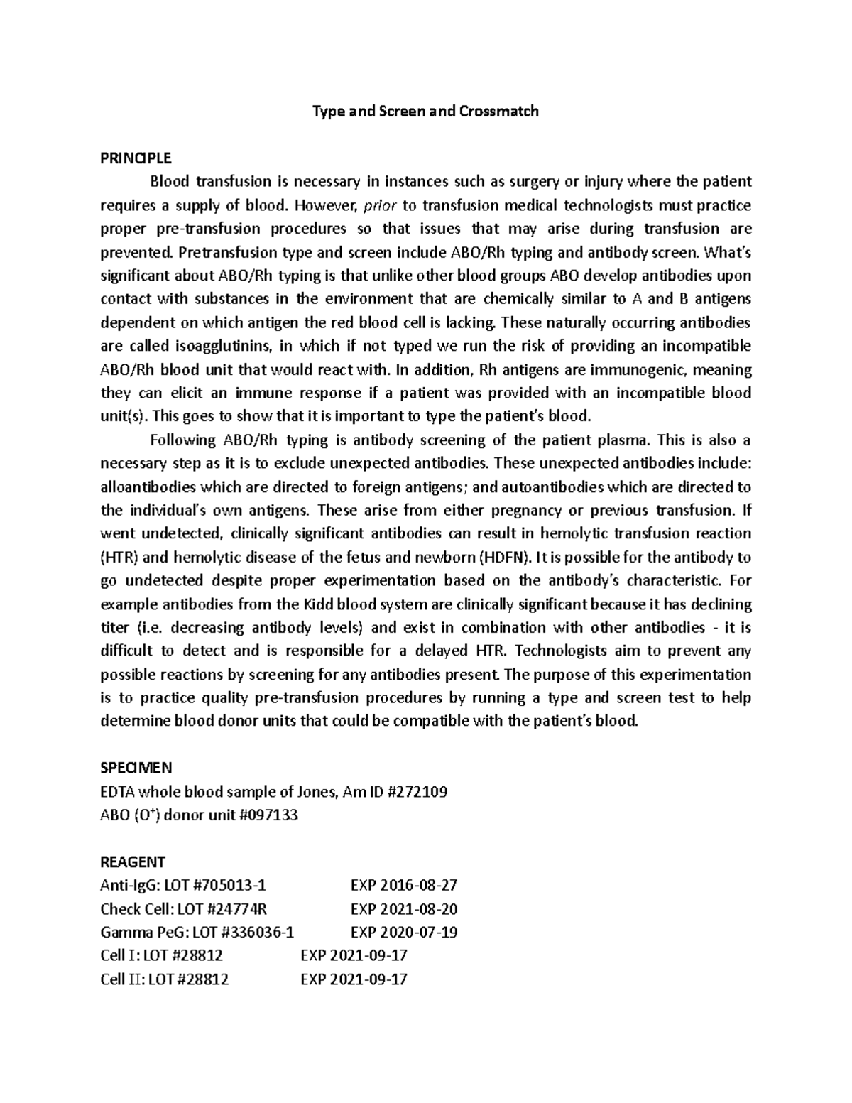 Blood Banking Lab 2 Report: Type & Screen Crossmatch - Type and Screen ...