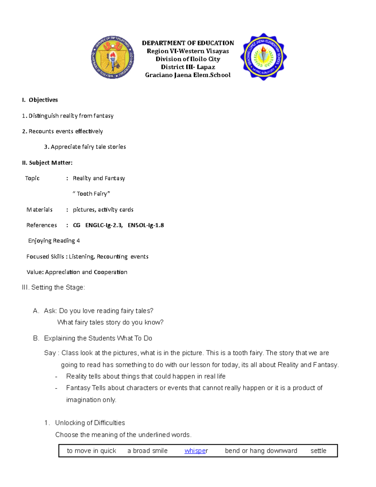 Lesson plan demo reality fantasy 2020-2021 - DEPARTMENT OF EDUCATION ...