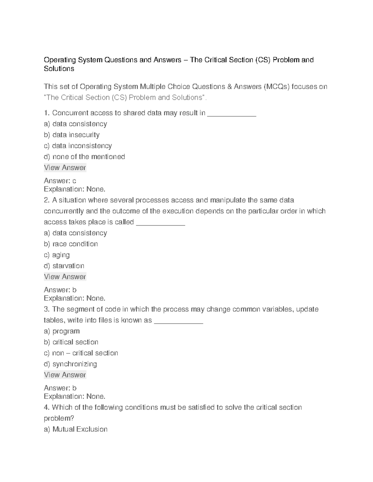 OS set 4 Process synchronization - Operating System Questions and Answers – The Critical Section ...