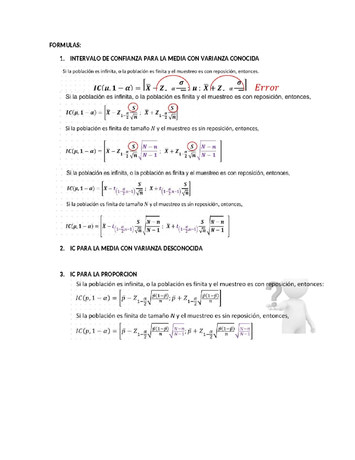Formulas EI - Estadistica Inferencial - FORMULAS: 1. INTERVALO DE CONFIANZA PARA LA MEDIA CON ...