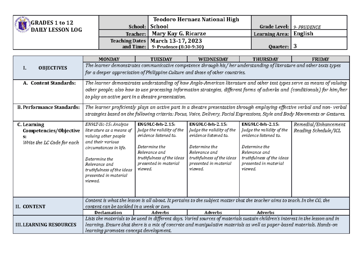 March 13-17, 2023 - dll - GRADES 1 to 12 DAILY LESSON LOG School ...