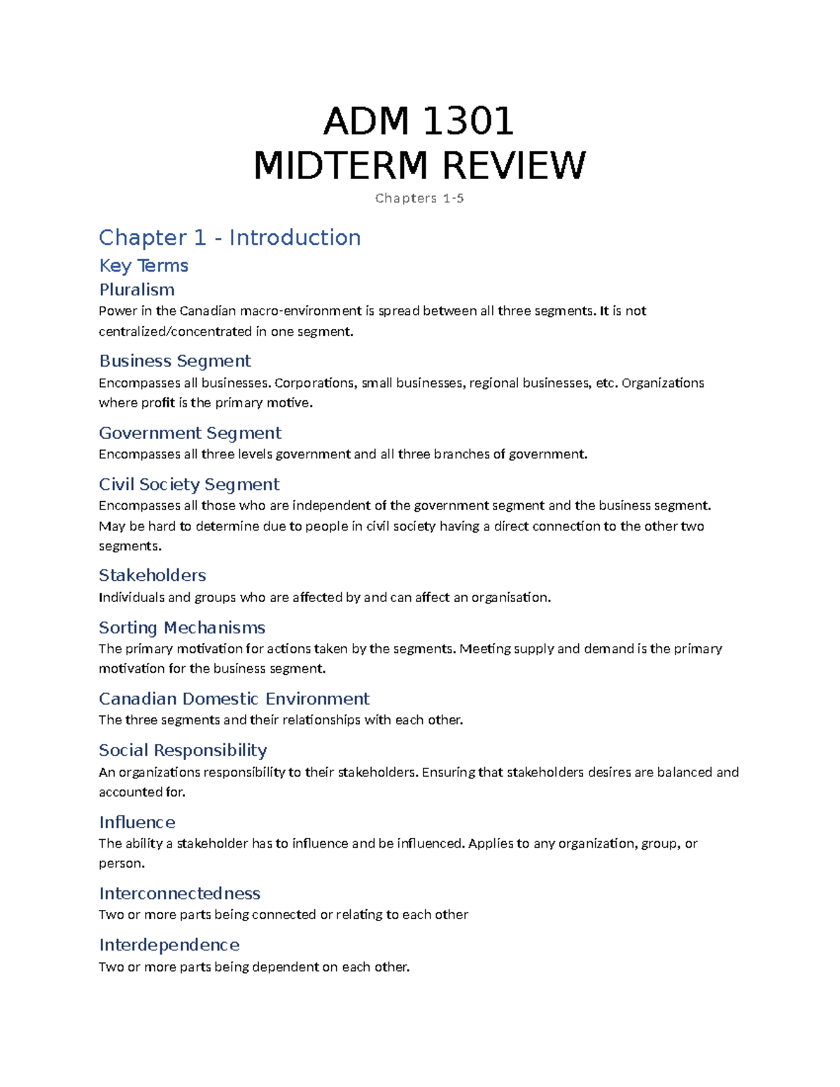 ADM 1301 - LECTURE NOTES - ADM 1301 MIDTERM REVIEW Chapters 1- Chapter ...