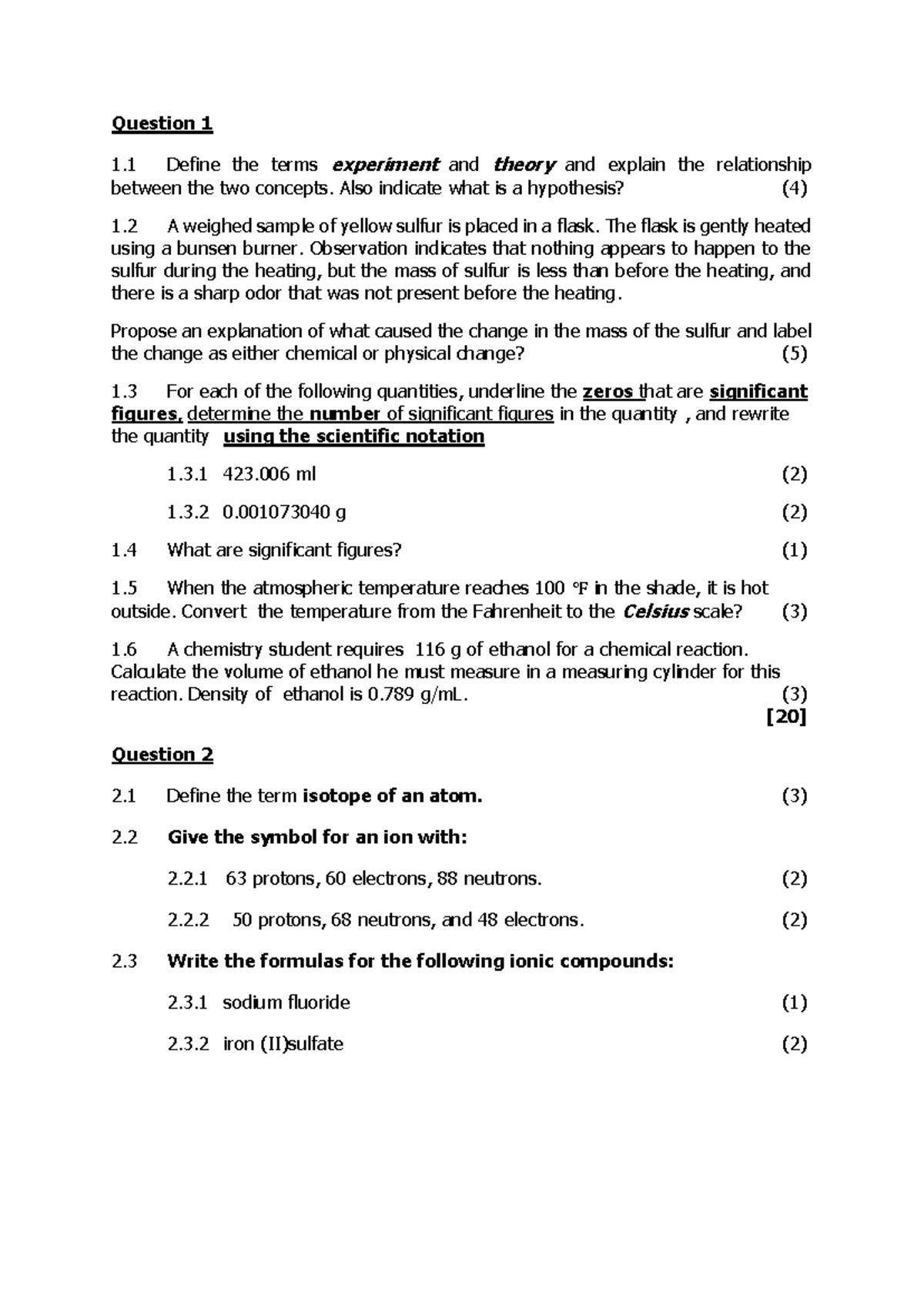 Chem 1 Practice Questions - Question 1 1 Define the terms experiment ...