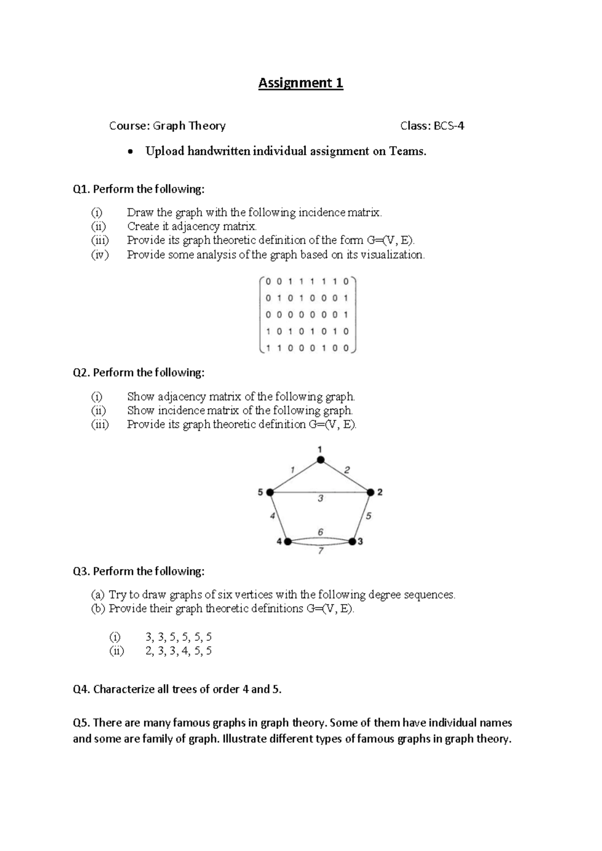 Assignment 1 - Q1. Perform the following: (i) Draw the graph with the following incidence matrix ...