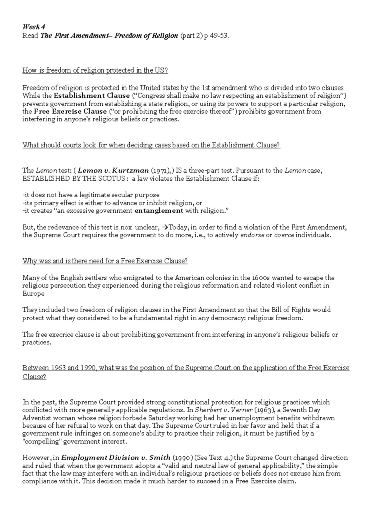 Week 4 - Week 4 Read The First Amendment– Freedom of Religion (part 2 ...
