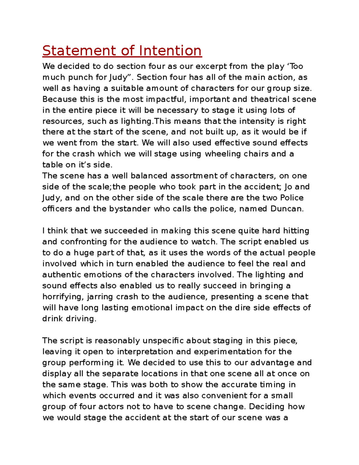 Too much punch for Judy- divised - Statement of Intention We decided to ...