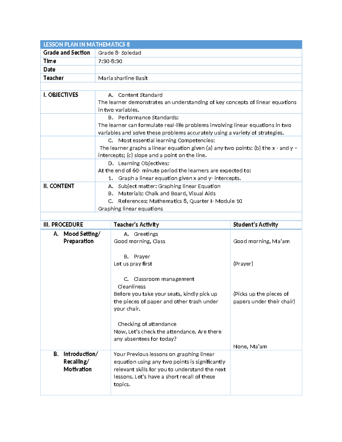 Using X and Y Intercepts - LESSON PLAN IN MATHEMATICS 8 Grade and ...