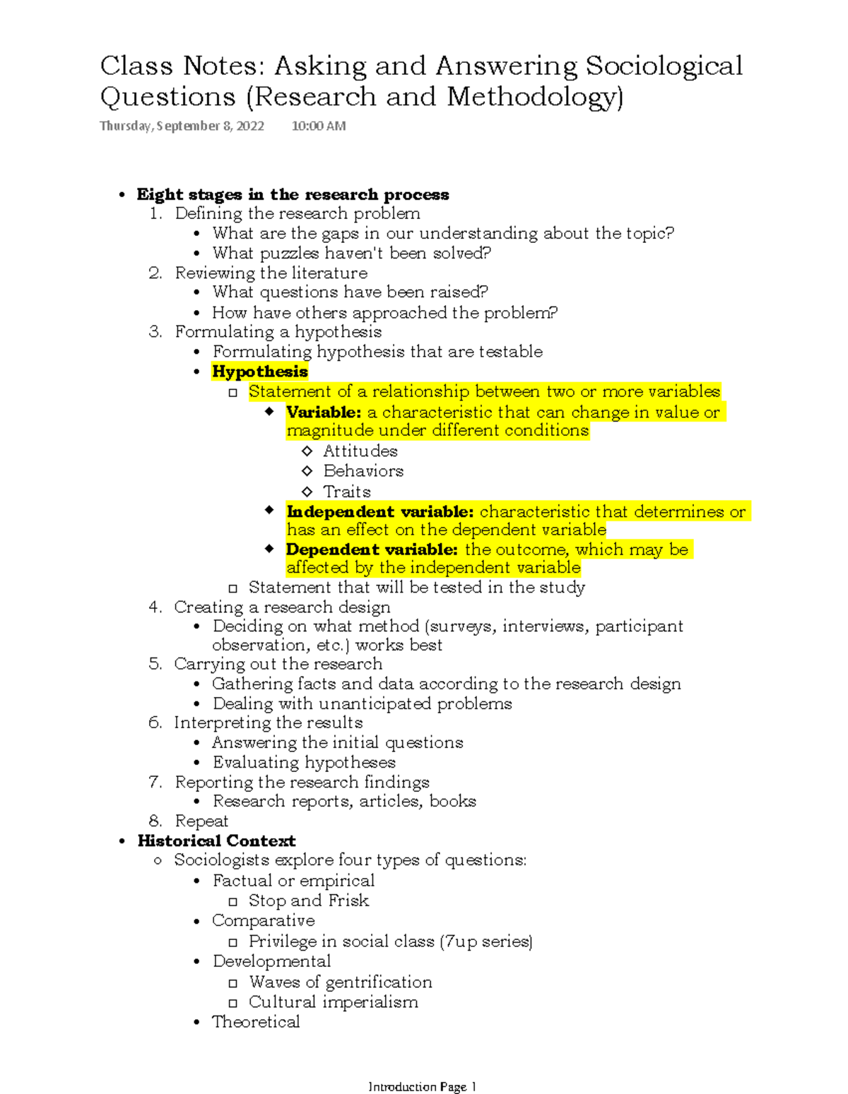 Class Notes Asking and Answering Sociological Questions (Research and ...