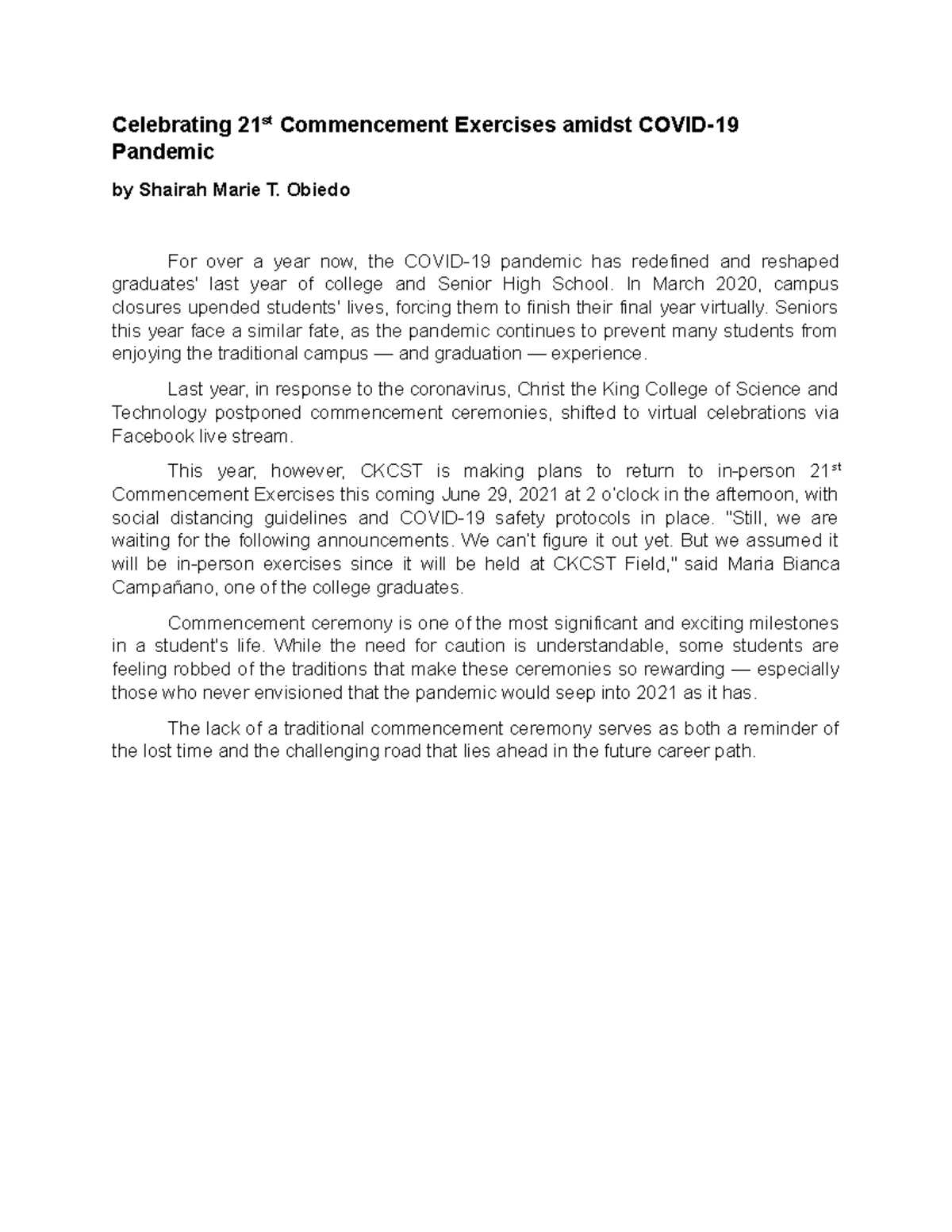 Celebrating 21st Commencement Exercises amidst Covid - Celebrating 21st ...