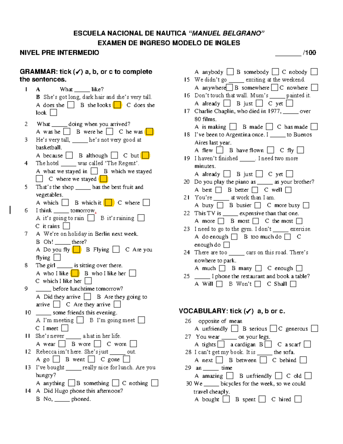 Modelo Ingles - ESCUELA NACIONAL DE NAUTICA “MANUEL BELGRANO” EXAMEN DE ...