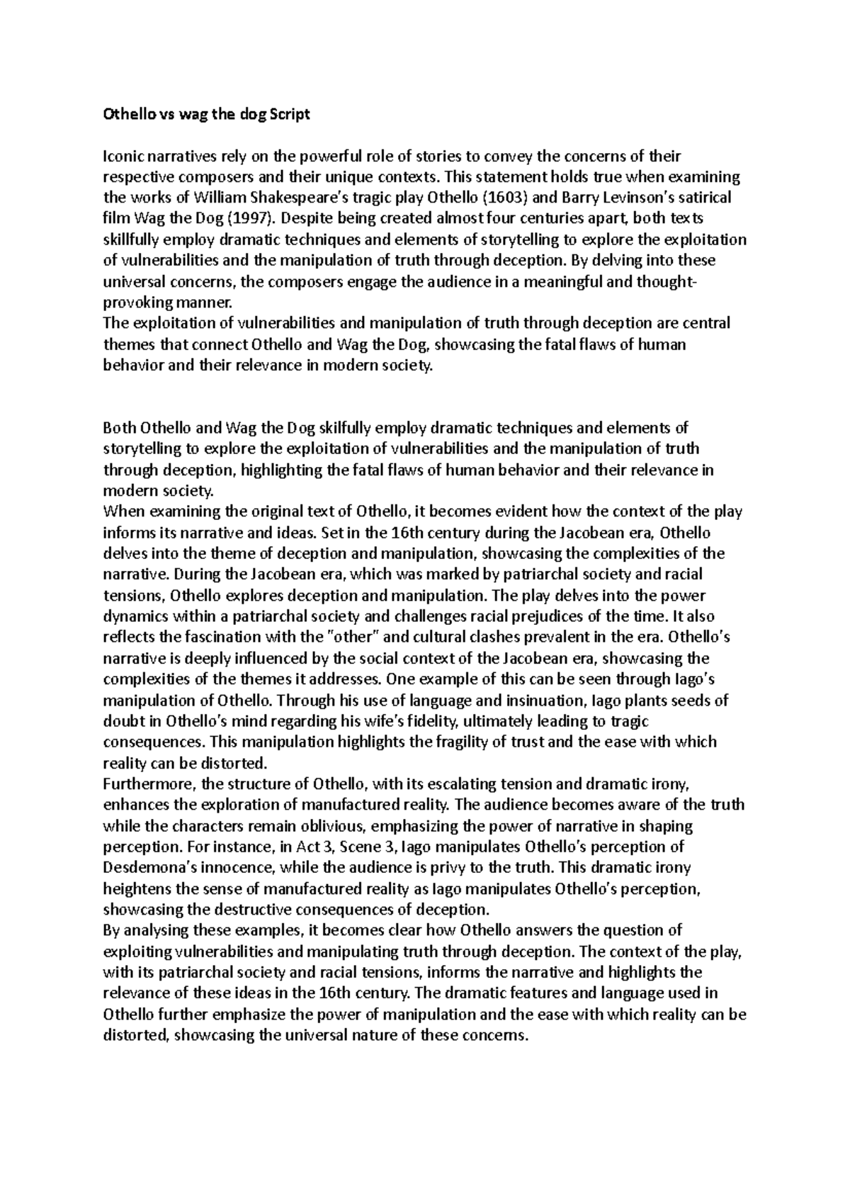 Othello vs wag the dog Script - Othello vs wag the dog Script Iconic ...