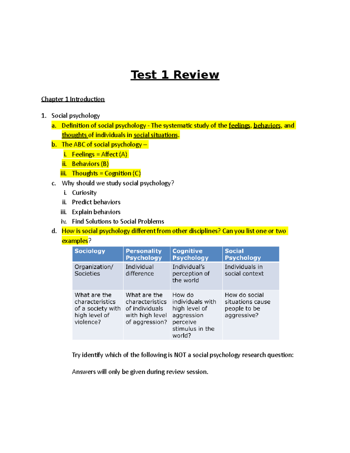 Psych 330 - Exam 1 Review - Test 1 Review Chapter 1 Introduction Social ...
