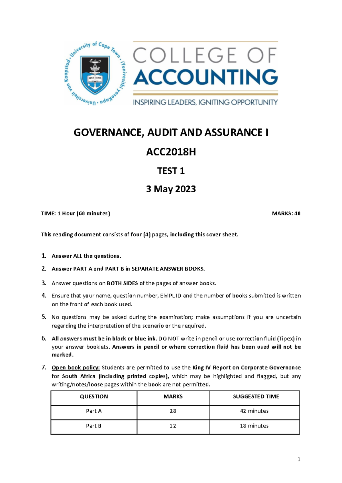 GAA I May Test1 - GOVERNANCE, AUDIT AND ASSURANCE I ACC2018H TEST 1 3 ...