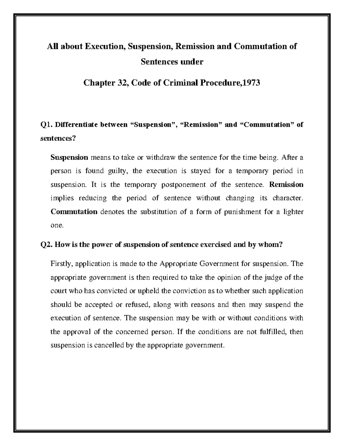 All about Execution Suspension Remission and Commutation of Sentences under Cr PC By Nishita ...