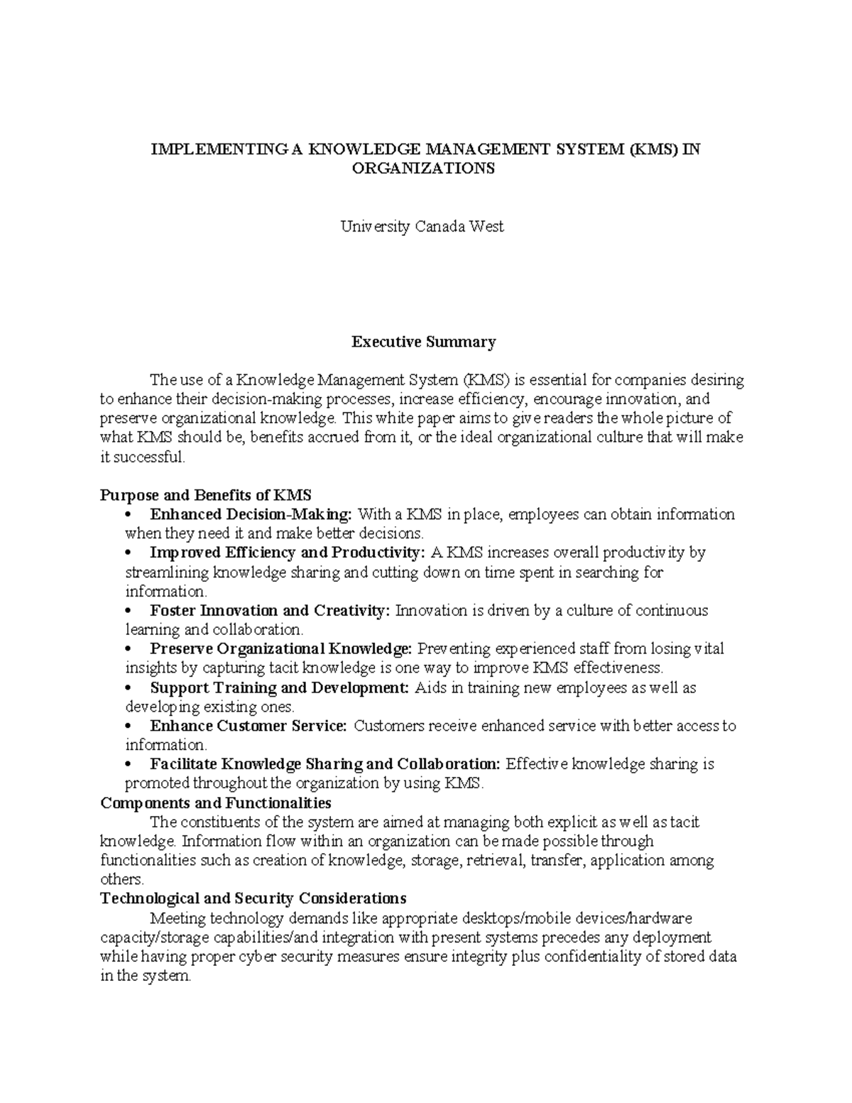 Implementing A Knowledge Management System - IMPLEMENTING A KNOWLEDGE MANAGEMENT SYSTEM (KMS) IN ...