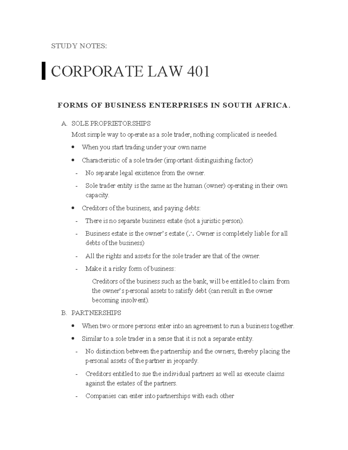 Corporate Law 401 (Study Notes 1) - STUDY NOTES: CORPORATE LAW 401 ...