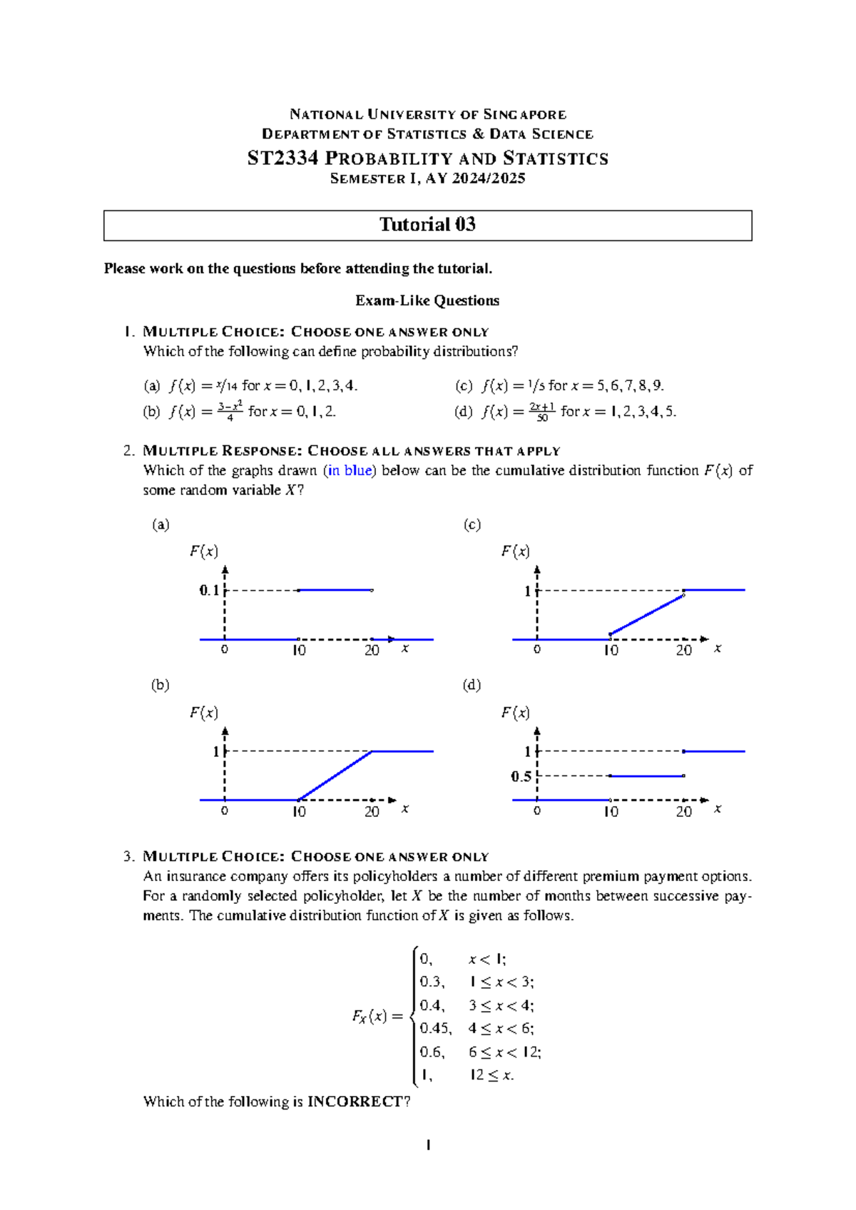 Tut03 - NATIONAL UNIVERSITY OF SINGAPORE DEPARTMENT OF STATISTICS & DATA SCIENCE ST2334 - Studocu