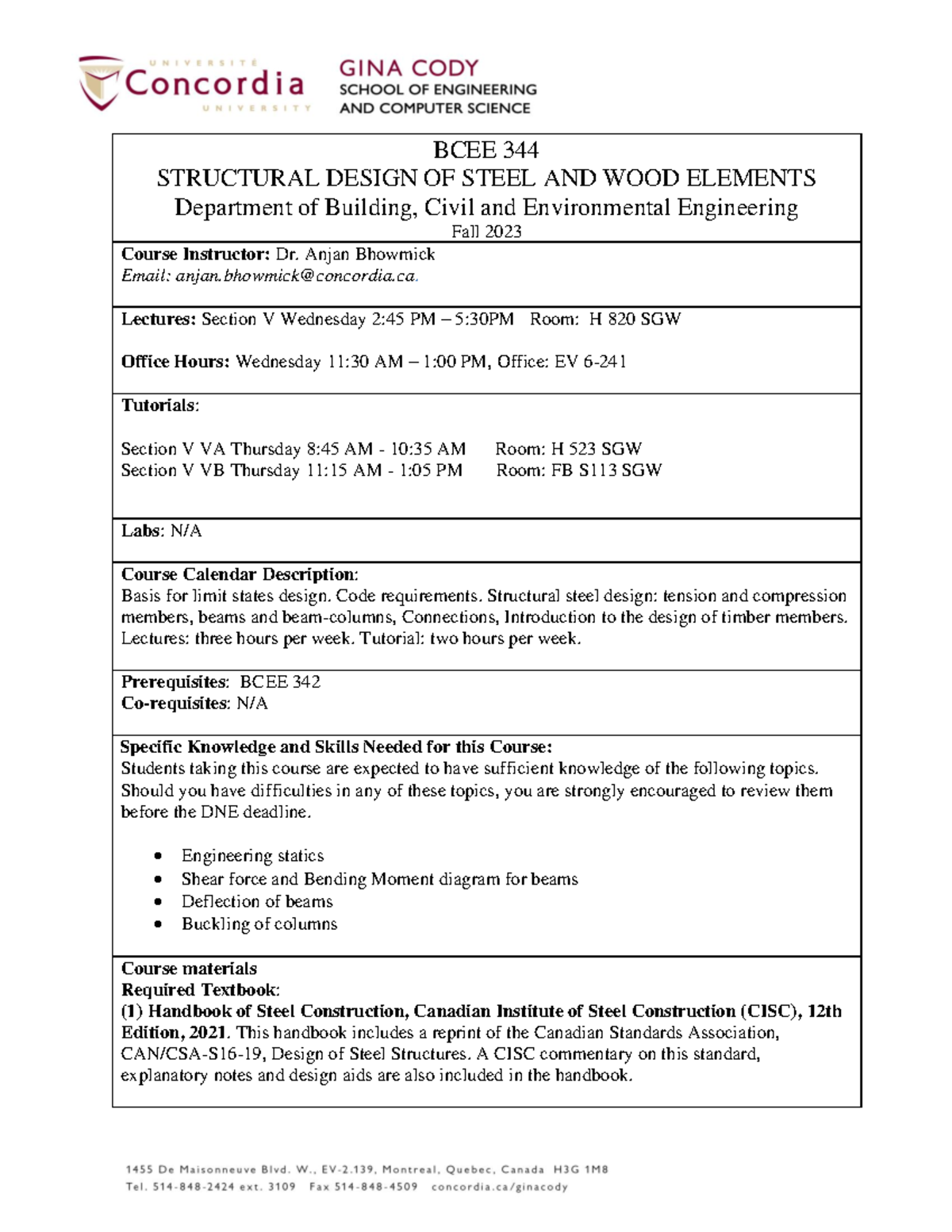 BCEE 344 Course Outline Fall 2023 - BCEE 344 STRUCTURAL DESIGN OF STEEL ...