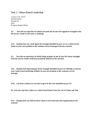 D253 Task 1 - Becoming an Effective Values Based Leader - D253 Task 1 ...