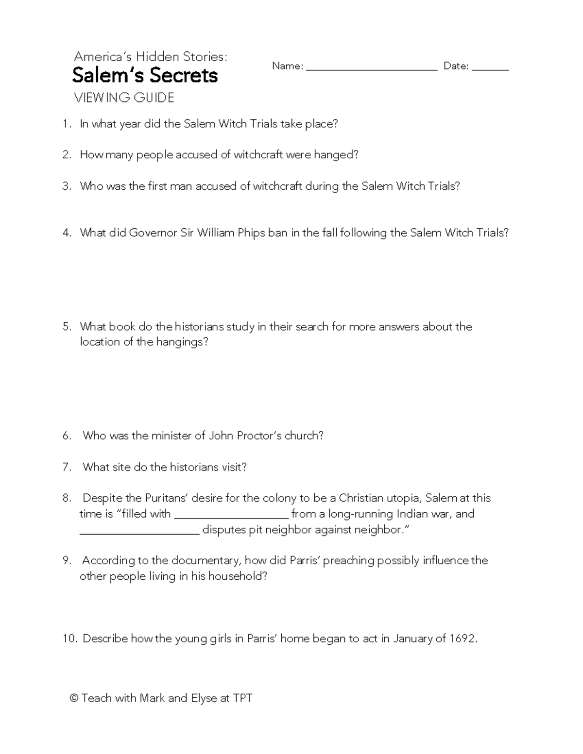 Salems Secrets Viewing Guide Discussion Q) - In what year did the Salem ...